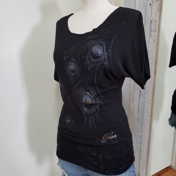 Guess | Tops | Guess Peacock Feather Print Cutout Back Tunic Top | Poshmark